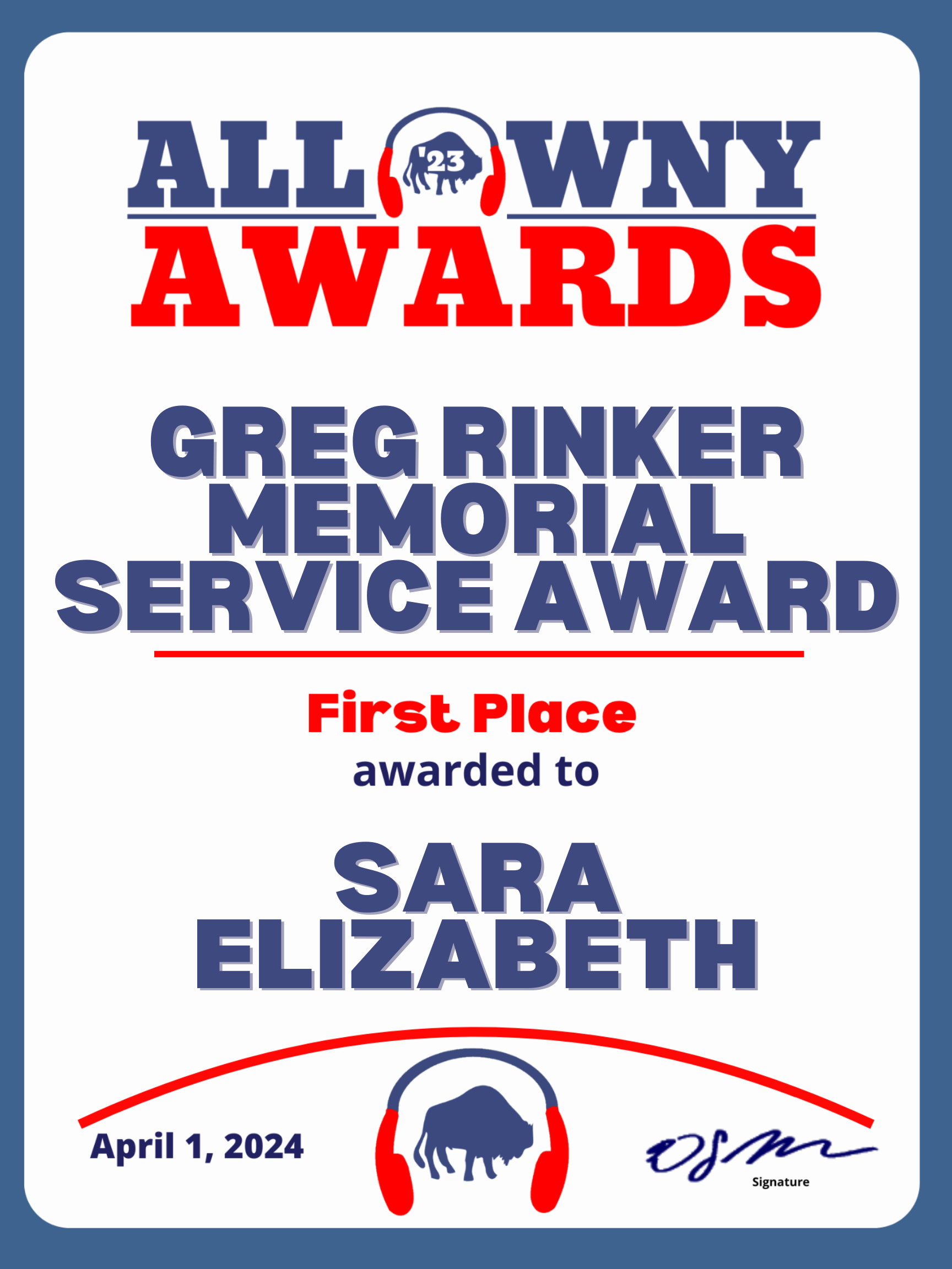 2023 All WNY Award: Greg Rinker Memorial Service Award: Sara Elizabeth ...